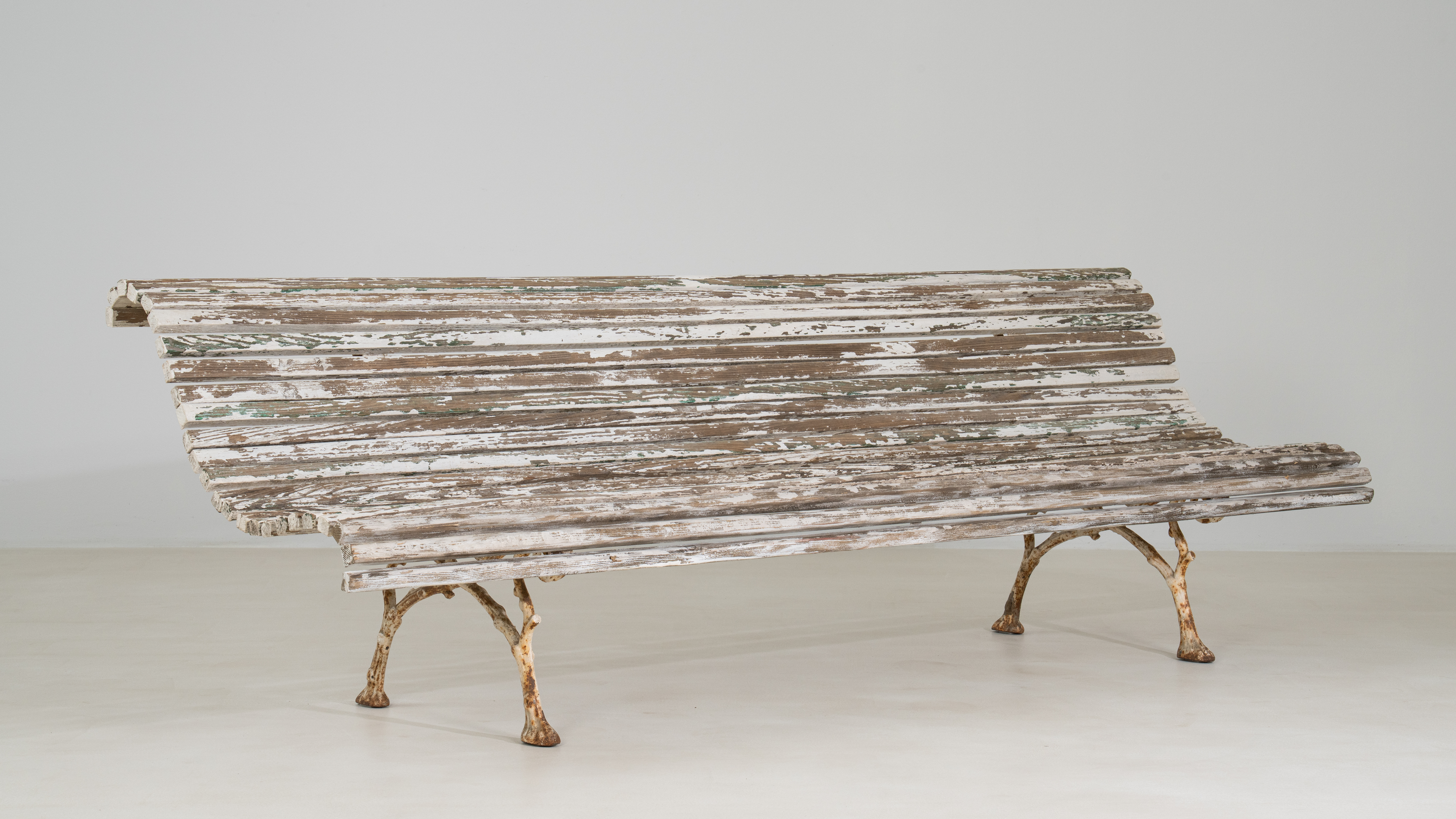 White Patinated Garden Bench With Cast Iron Base